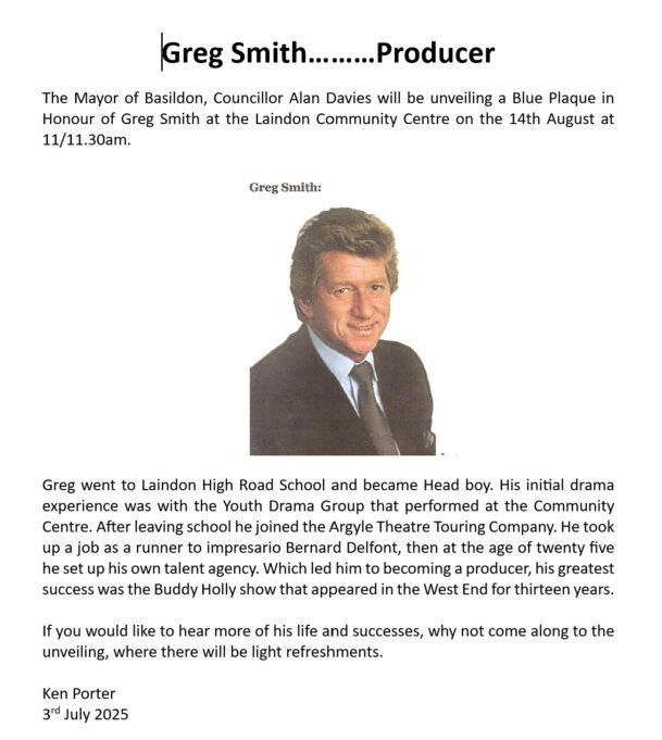 Greg Smith - Unveiling of a Blue Plaque | New contributions | Laindon ...